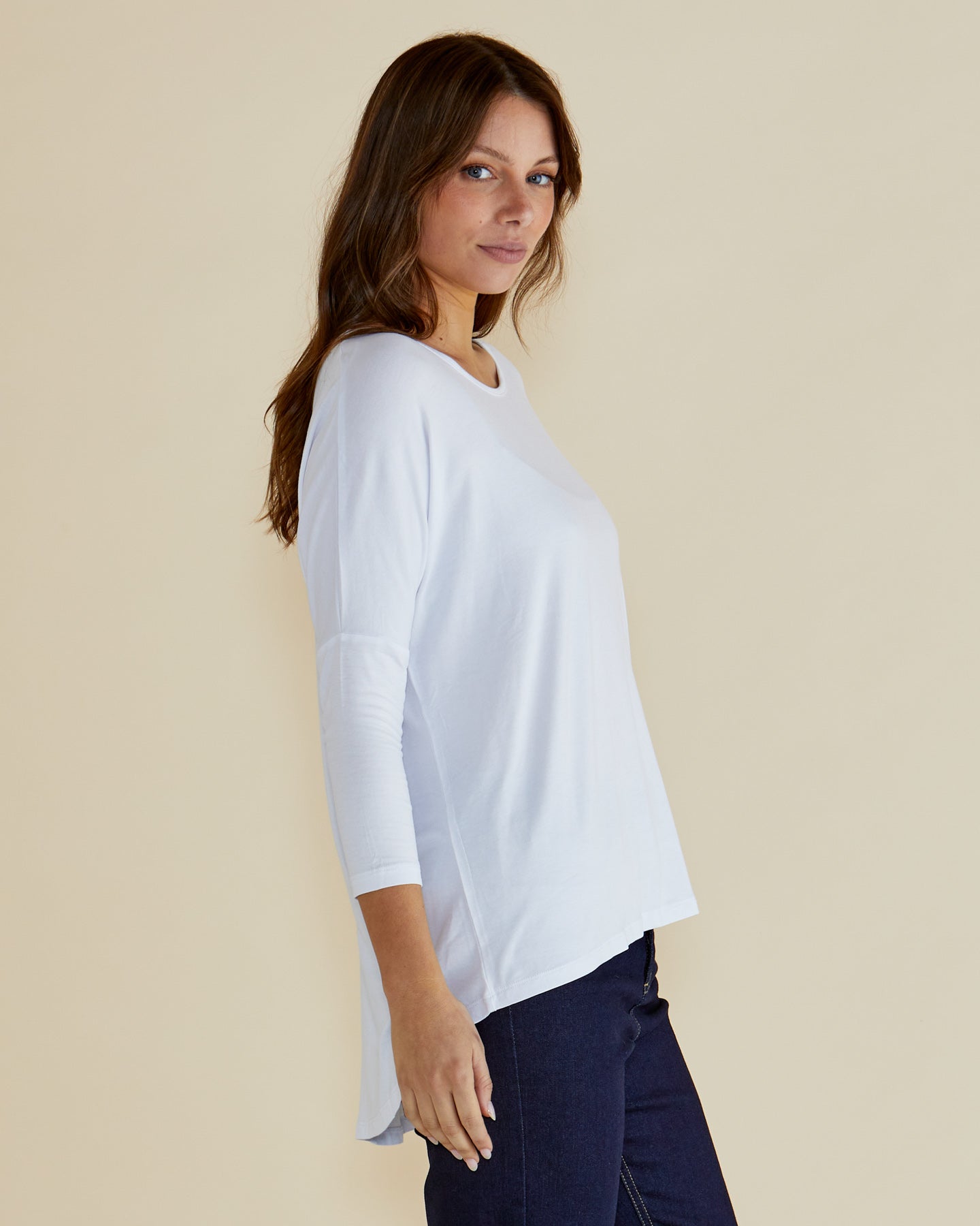 Milan Draped Relaxed 3/4 Sleeve Basic Top - White