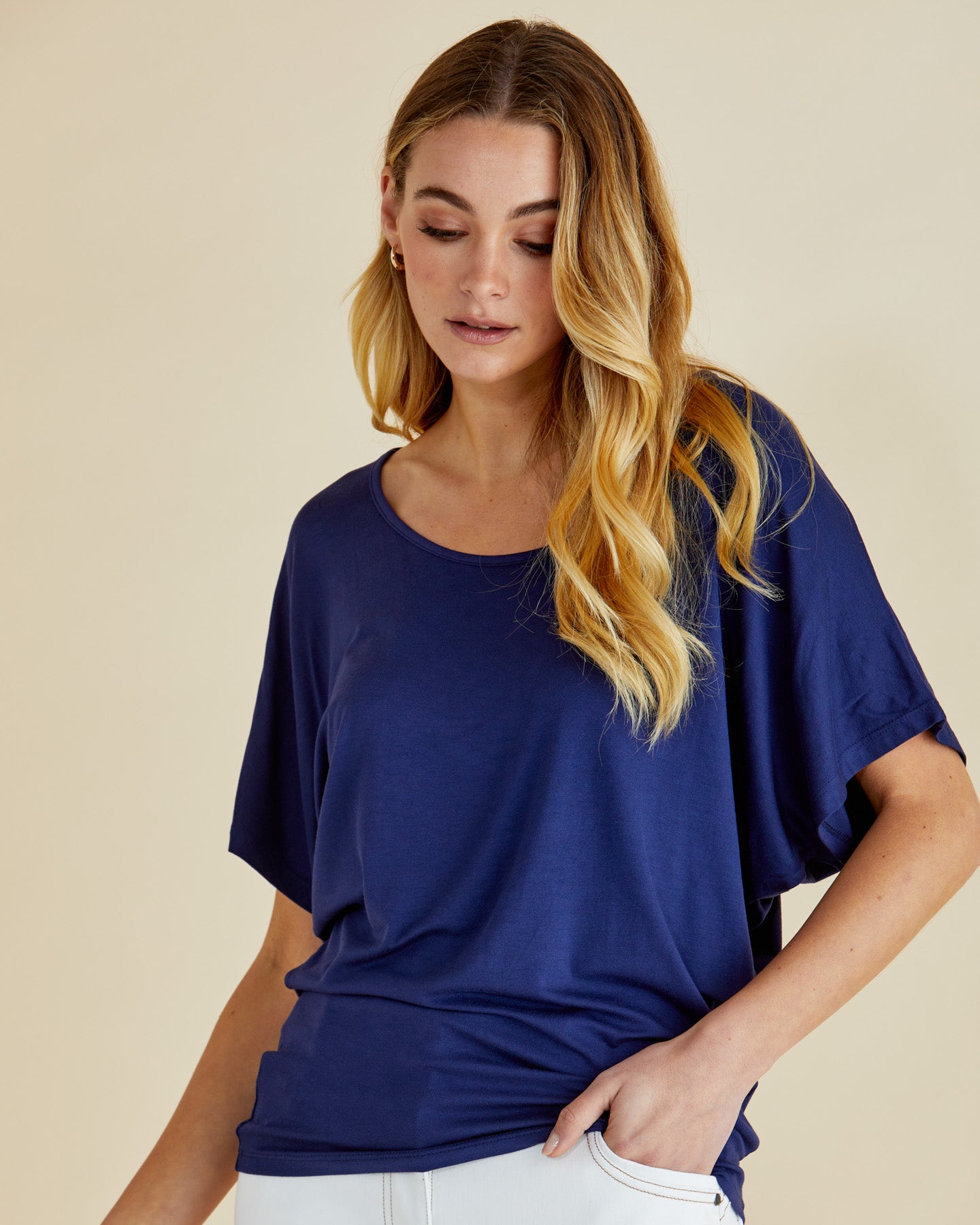 Maui Batwing Draped Basic Tee - Navy