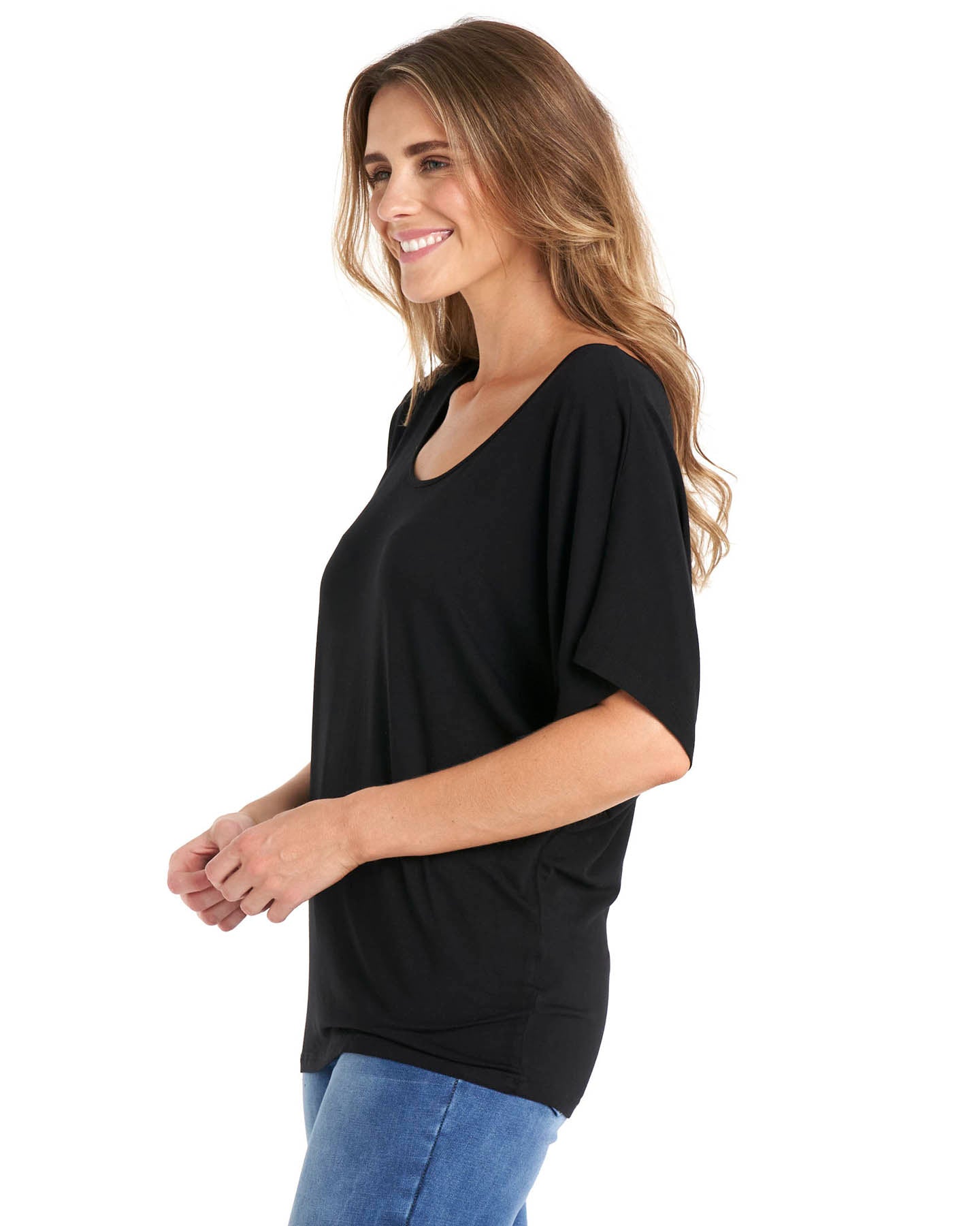 Maui Batwing Draped Basic Tee - Black