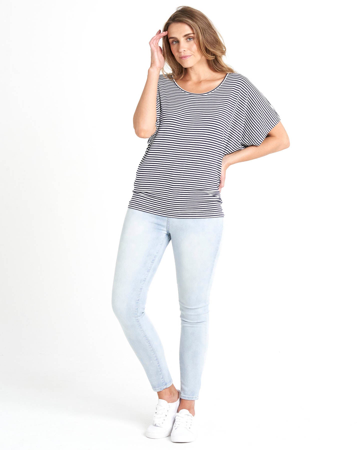 Maui Batwing Draped Basic Tee - Navy Blue/White Stripe