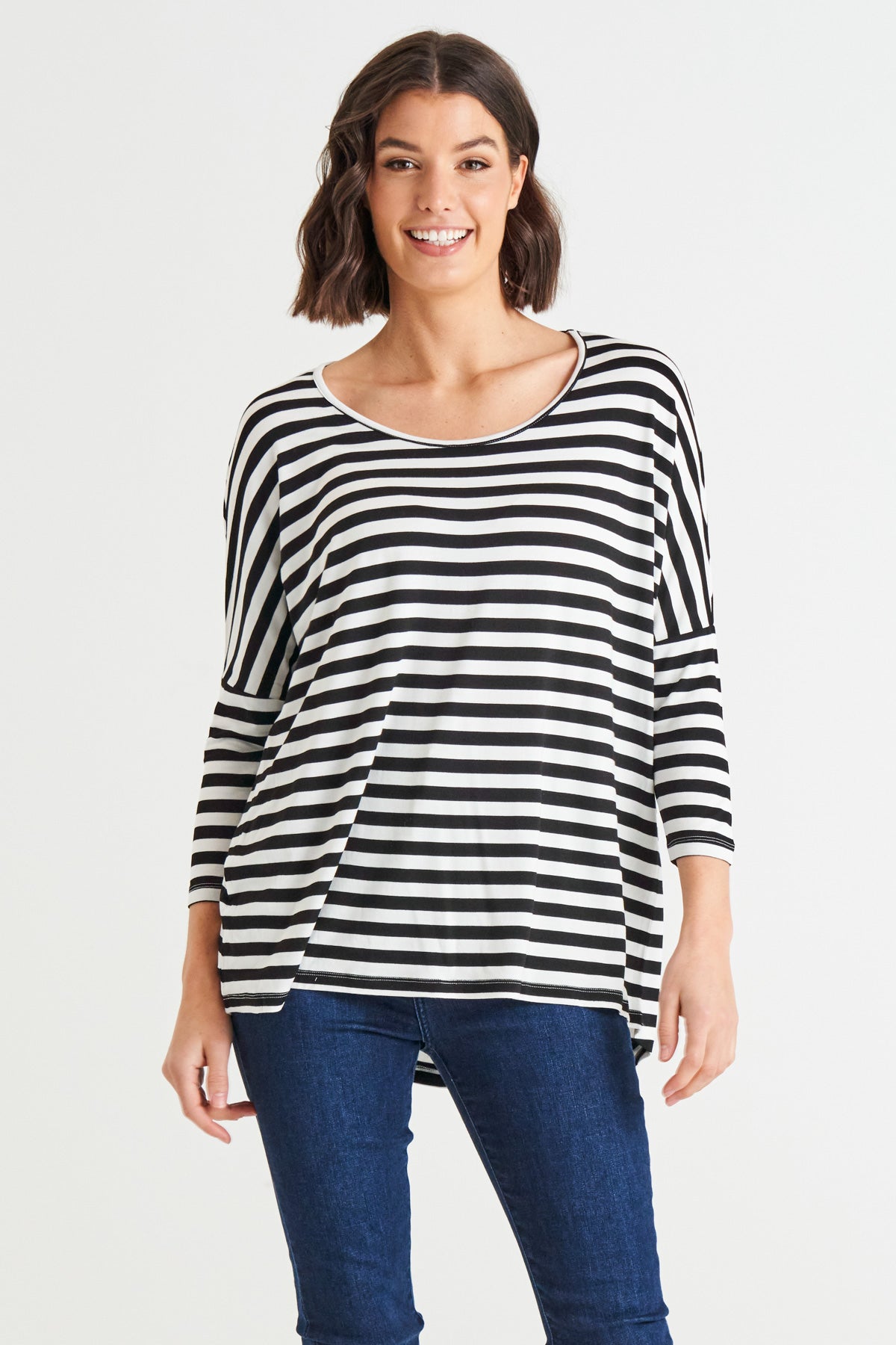 Milan Stretchy Draped Relaxed 3/4 Sleeve Basic Top - Black/White Strip