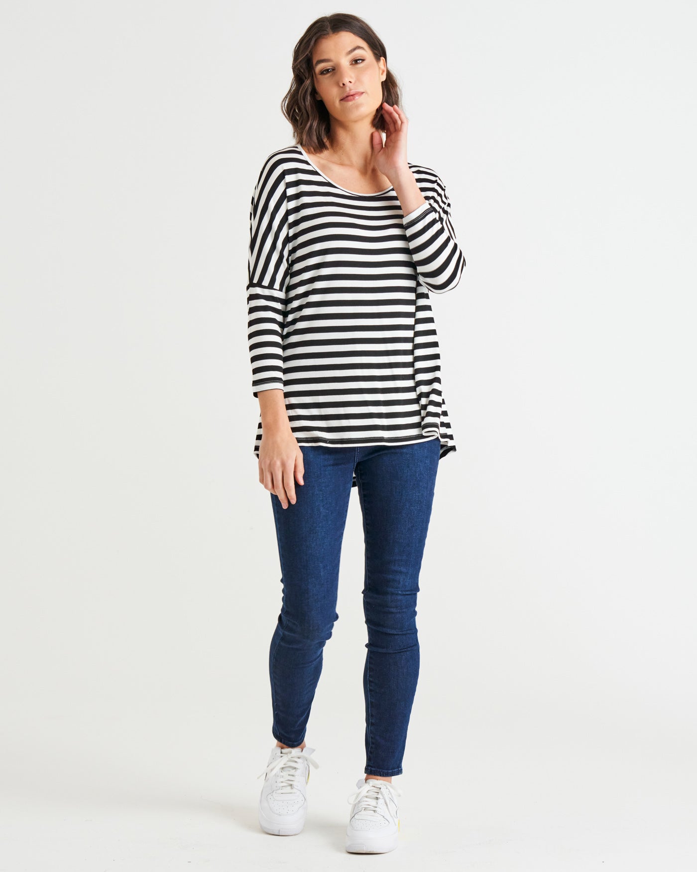 Milan Stretchy Draped Relaxed 3/4 Sleeve Basic Top - Black/White Strip