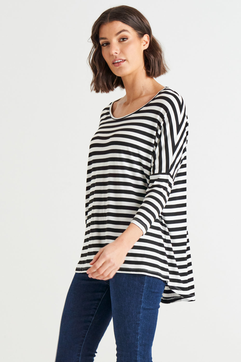 Milan Stretchy Draped Relaxed 3/4 Sleeve Basic Top - Black/White Strip