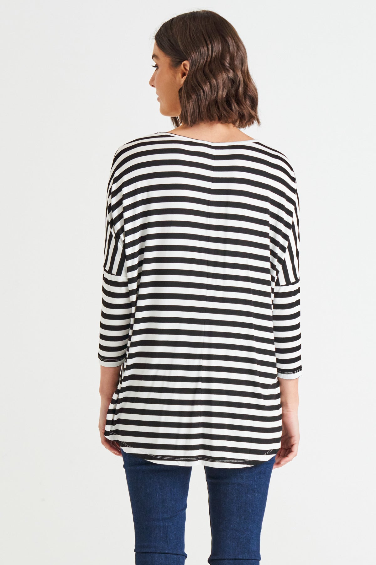 Milan Stretchy Draped Relaxed 3/4 Sleeve Basic Top - Black/White Strip
